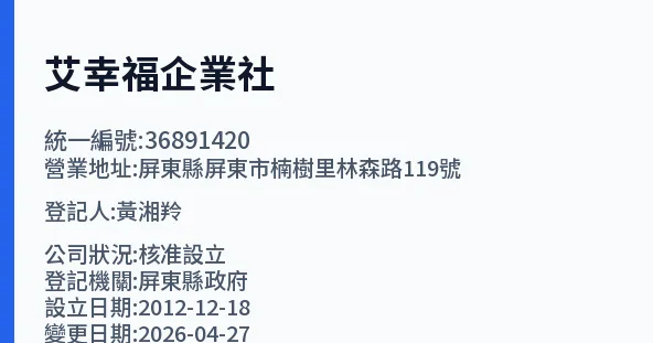 艾幸福企業社的照片-統編 36891420(屏東縣) 公司登記資料與營業項目詳細圖表