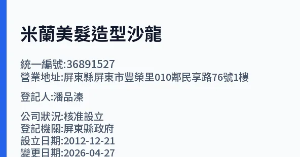 米蘭美髮造型沙龍的照片-統編 36891527(屏東縣) 公司登記資料與營業項目詳細圖表