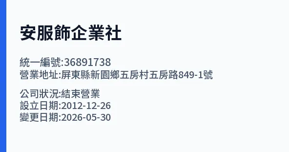 安服飾企業社的照片-統編 36891738(屏東縣) 公司登記資料與營業項目詳細圖表