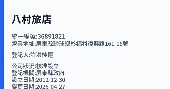 八村旅店的照片-統編 36891821(屏東縣) 公司登記資料與營業項目詳細圖表
