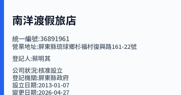 南洋渡假旅店的照片-統編 36891961(屏東縣) 公司登記資料與營業項目詳細圖表