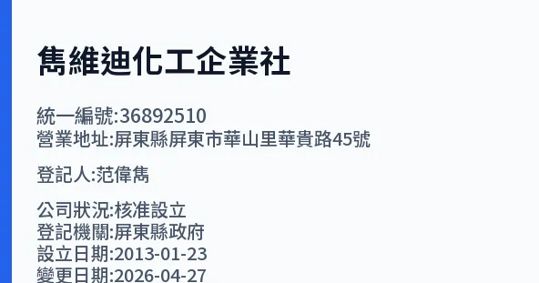 雋維迪化工企業社的照片-統編 36892510(屏東縣) 公司登記資料與營業項目詳細圖表