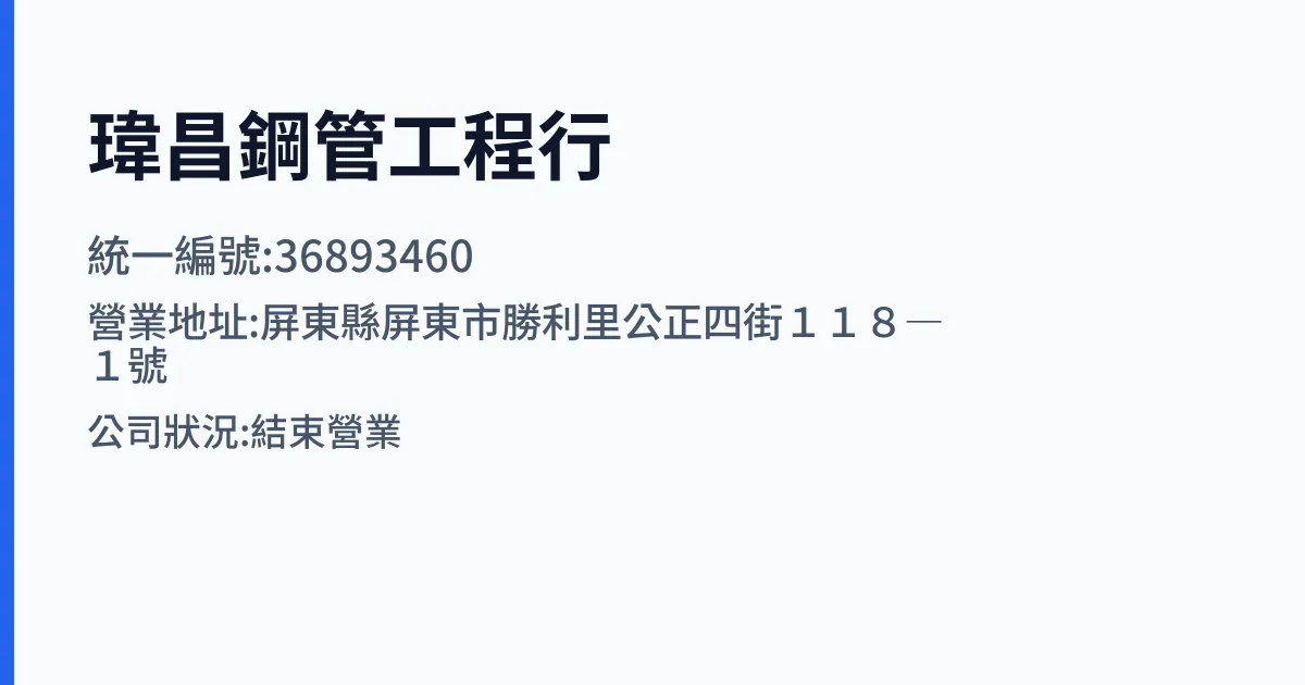 瑋昌鋼管工程行 - 統編 36893460（屏東縣） 公司登記資料與營業項目詳細圖表