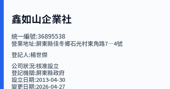 鑫如山企業社的照片-統編 36895538(屏東縣) 公司登記資料與營業項目詳細圖表