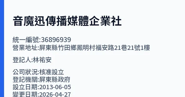 音魔迅傳播媒體企業社的照片-統編 36896939(屏東縣) 公司登記資料與營業項目詳細圖表