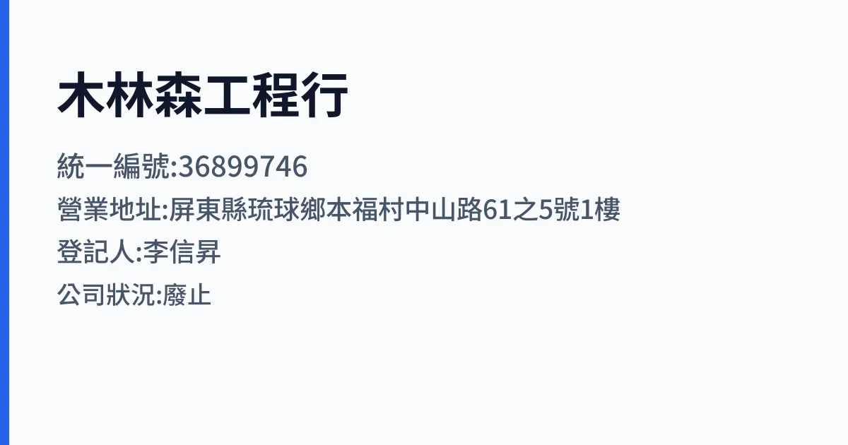 木林森工程行 - 統編 36899746(屏東縣) 公司登記資料與營業項目詳細圖表