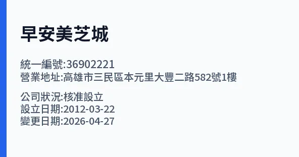 早安美芝城的照片-統編 36902221(高雄市) 公司登記資料與營業項目詳細圖表
