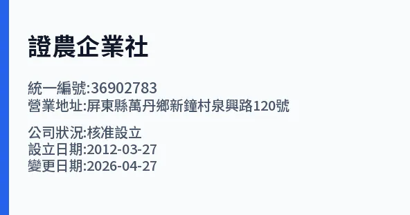 證農企業社的照片-統編 36902783(屏東縣) 公司登記資料與營業項目詳細圖表