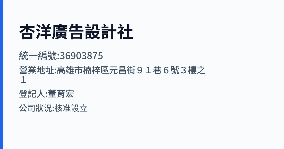 杏洋廣告設計社 - 統編 36903875(高雄市) 公司登記資料與營業項目詳細圖表
