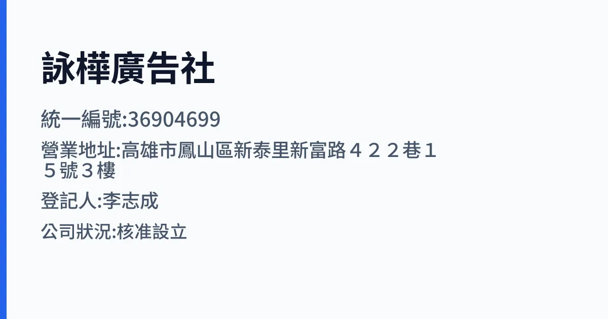 詠樺廣告社 - 統編 36904699(高雄市) 公司登記資料與營業項目詳細圖表