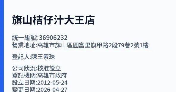 旗山桔仔汁大王店的照片-統編 36906232(高雄市) 公司登記資料與營業項目詳細圖表