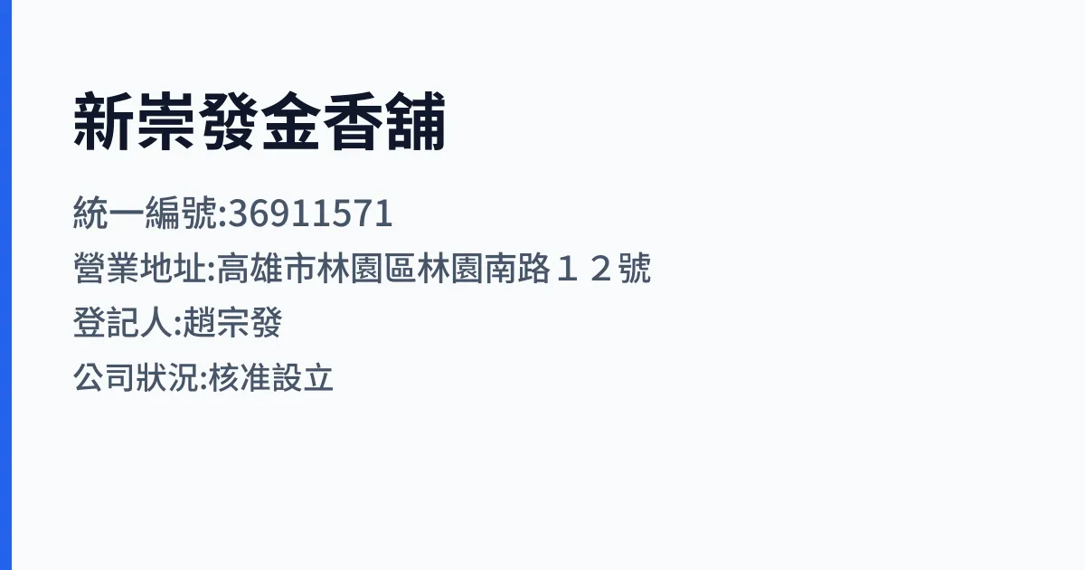 新崇發金香舖 - 統編 36911571（高雄市） 公司登記資料與營業項目詳細圖表