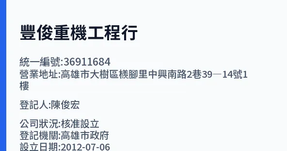 豐俊重機工程行的照片-統編 36911684(高雄市) 公司登記資料與營業項目詳細圖表