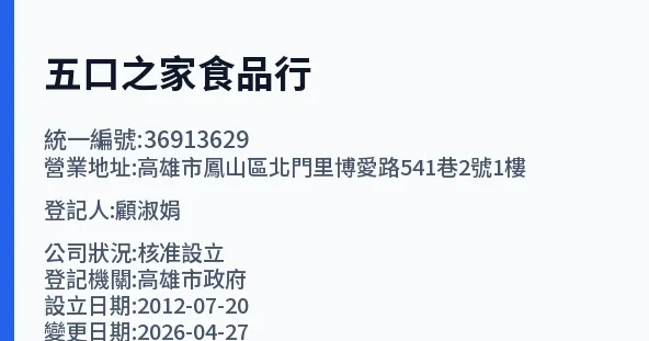 五口之家食品行的照片-統編 36913629(高雄市) 公司登記資料與營業項目詳細圖表