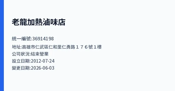 老龍加熱滷味店的照片-統編 36914198(高雄市) 公司登記資料與營業項目詳細圖表