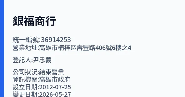 銀福商行的照片-統編 36914253(高雄市) 公司登記資料與營業項目詳細圖表