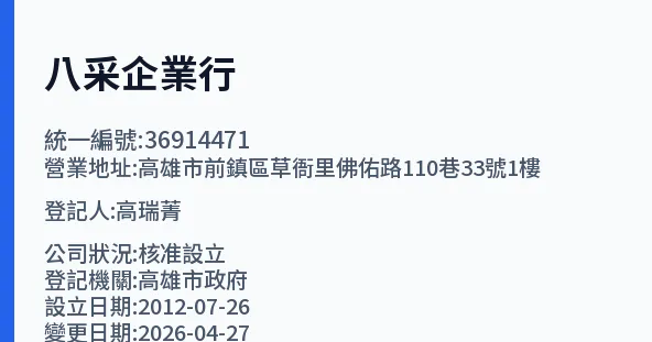 八采企業行的照片-統編 36914471(高雄市) 公司登記資料與營業項目詳細圖表
