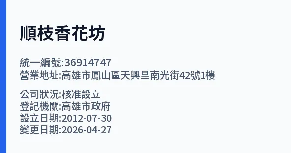順枝香花坊的照片-統編 36914747(高雄市) 公司登記資料與營業項目詳細圖表