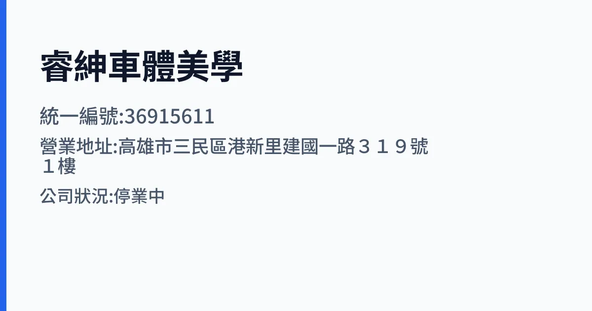 睿紳車體美學 - 統編 36915611(高雄市) 公司登記資料與營業項目詳細圖表