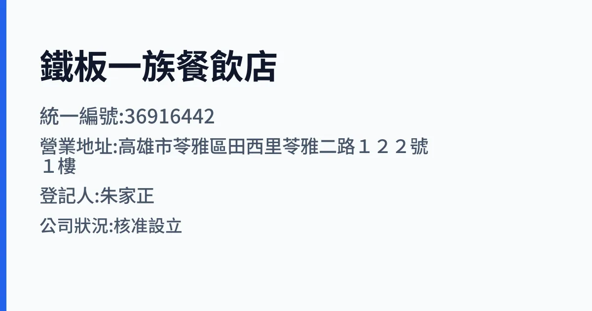 鐵板一族餐飲店 - 統編 36916442(高雄市) 公司登記資料與營業項目詳細圖表