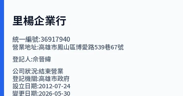里楊企業行的照片-統編 36917940(高雄市) 公司登記資料與營業項目詳細圖表