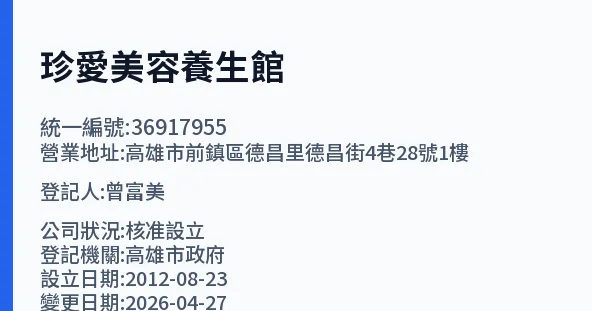 珍愛美容養生館的照片-統編 36917955(高雄市) 公司登記資料與營業項目詳細圖表