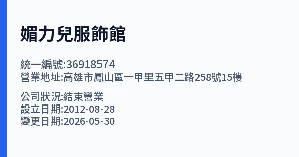 媚力兒服飾館的照片-統編 36918574(高雄市) 公司登記資料與營業項目詳細圖表