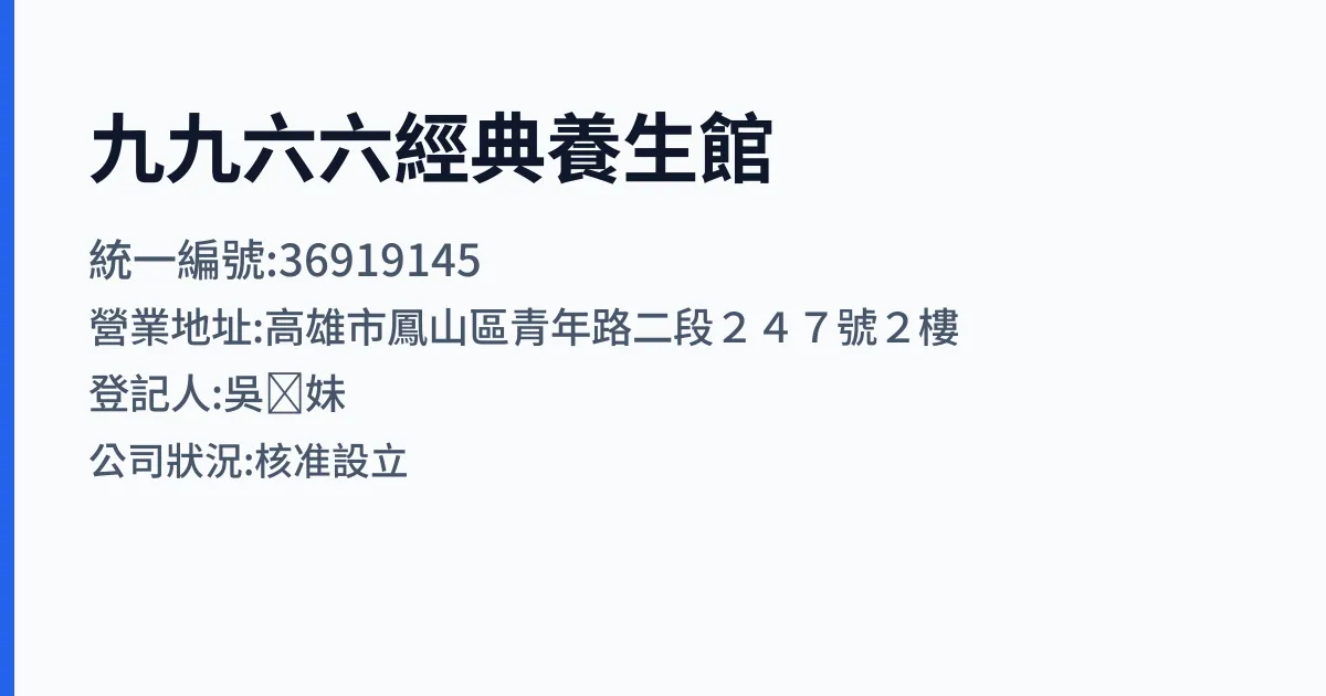 九九六六經典養生館 - 統編 36919145(高雄市) 公司登記資料與營業項目詳細圖表
