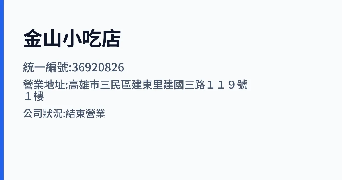 金山小吃店 - 統編 36920826(高雄市) 公司登記資料與營業項目詳細圖表