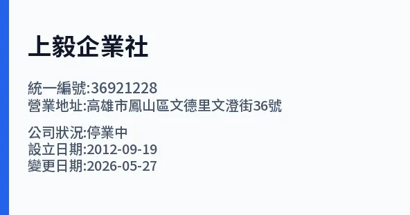 上毅企業社的照片-統編 36921228(高雄市) 公司登記資料與營業項目詳細圖表