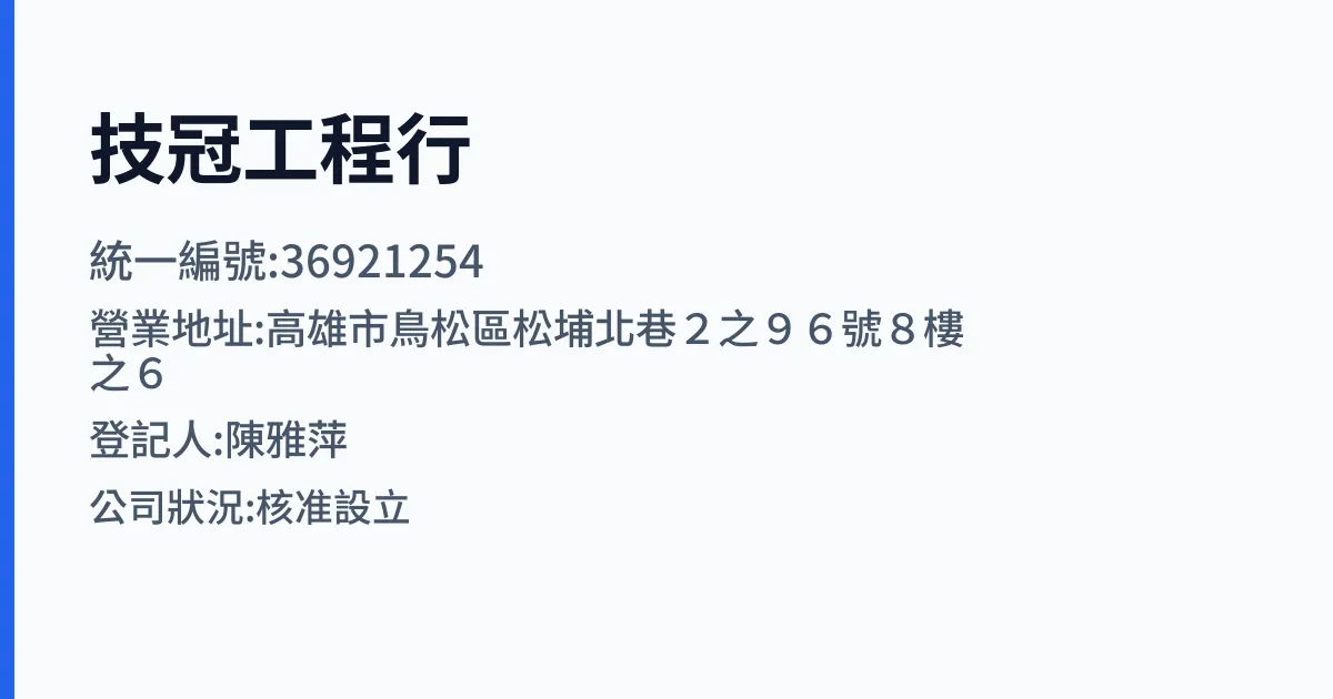 技冠工程行 - 統編 36921254(高雄市) 公司登記資料與營業項目詳細圖表