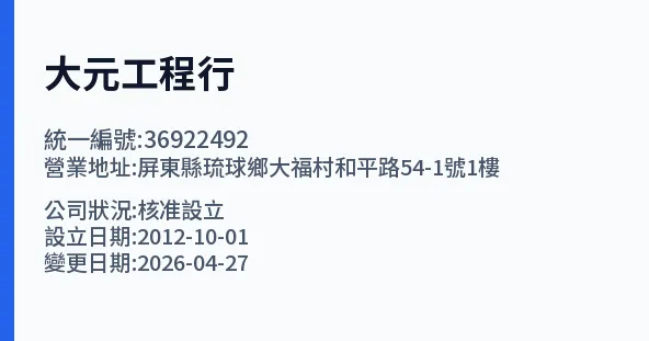 大元工程行的照片-統編 36922492(屏東縣) 公司登記資料與營業項目詳細圖表