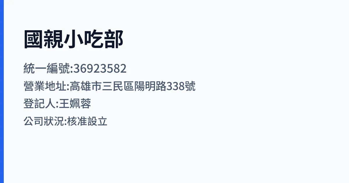 國親小吃部 - 統編 36923582(高雄市) 公司登記資料與營業項目詳細圖表