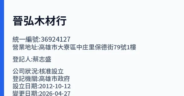 晉弘木材行的照片-統編 36924127(高雄市) 公司登記資料與營業項目詳細圖表