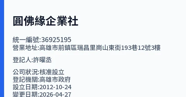 圓佛緣企業社的照片-統編 36925195(高雄市) 公司登記資料與營業項目詳細圖表