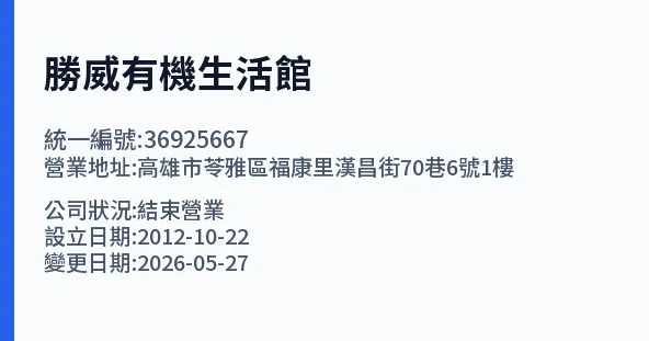 勝威有機生活館的照片-統編 36925667(高雄市) 公司登記資料與營業項目詳細圖表