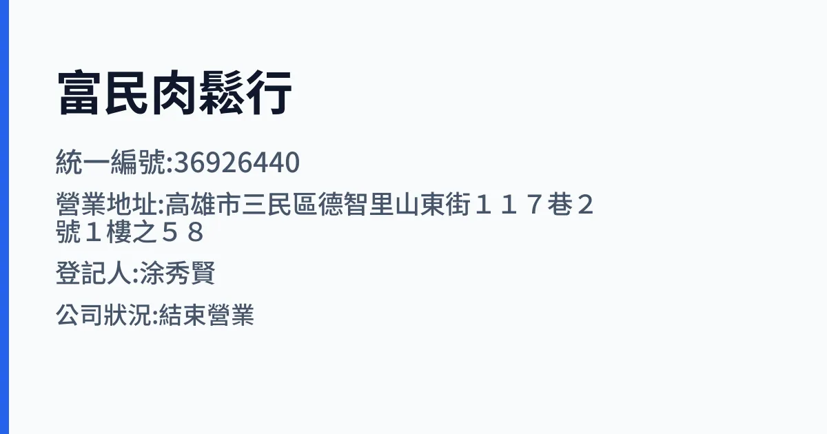 富民肉鬆行 - 統編 36926440(高雄市) 公司登記資料與營業項目詳細圖表