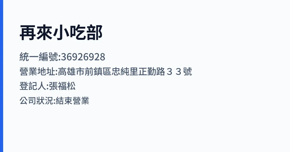 再來小吃部 - 統編 36926928(高雄市) 公司登記資料與營業項目詳細圖表