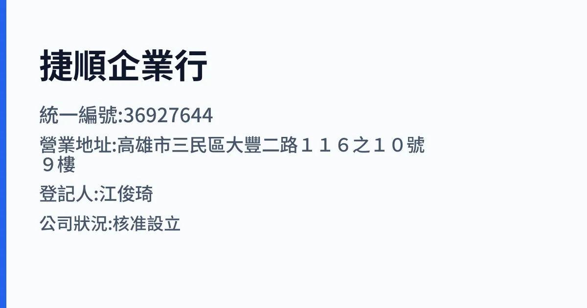 捷順企業行 - 統編 36927644(高雄市) 公司登記資料與營業項目詳細圖表