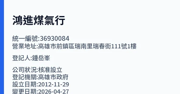 鴻進煤氣行的照片-統編 36930084(高雄市) 公司登記資料與營業項目詳細圖表