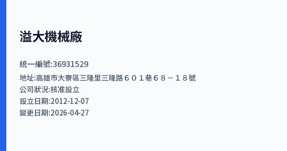 溢大機械廠的照片-統編 36931529(高雄市) 公司登記資料與營業項目詳細圖表
