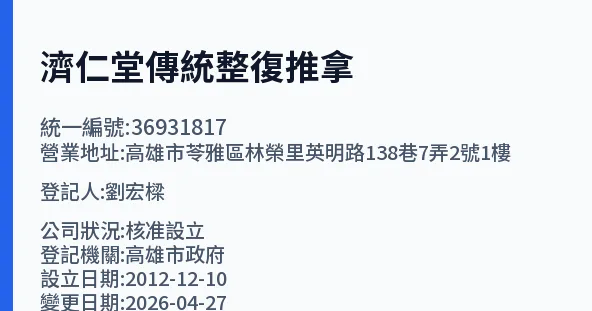 濟仁堂傳統整復推拿的照片-統編 36931817(高雄市) 公司登記資料與營業項目詳細圖表