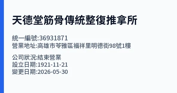 天德堂筋骨傳統整復推拿所的照片-統編 36931871(高雄市) 公司登記資料與營業項目詳細圖表