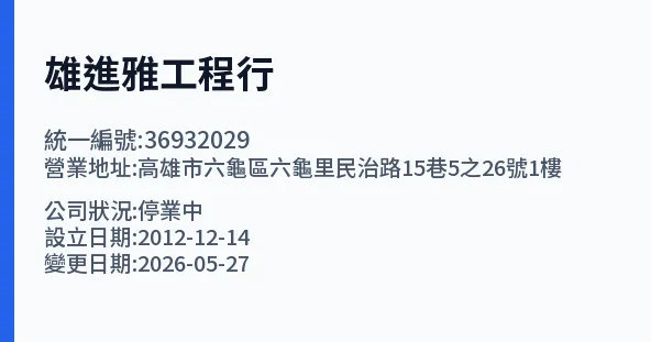 雄進雅工程行的照片-統編 36932029(高雄市) 公司登記資料與營業項目詳細圖表