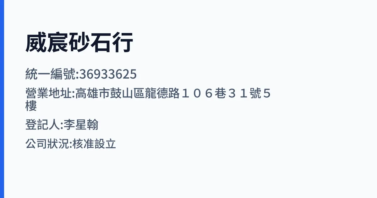 威宸砂石行 - 統編 36933625(高雄市) 公司登記資料與營業項目詳細圖表