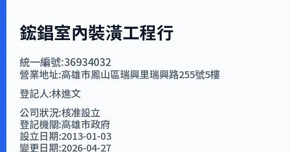 鋐錩室內裝潢工程行的照片-統編 36934032(高雄市) 公司登記資料與營業項目詳細圖表