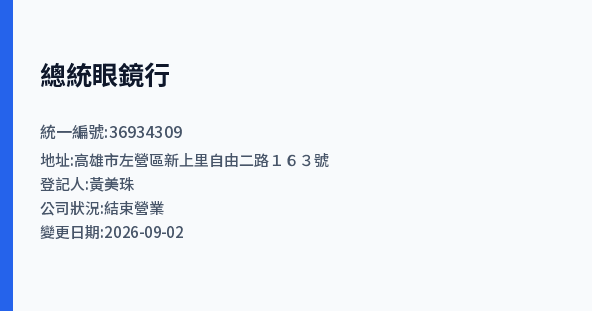 總統眼鏡行的照片-統編 36934309(高雄市) 公司登記資料與營業項目詳細圖表