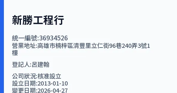 新勝工程行的照片-統編 36934526(高雄市) 公司登記資料與營業項目詳細圖表
