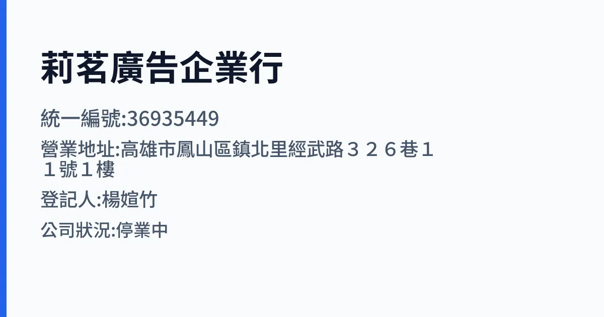 莉茗廣告企業行 - 統編 36935449(高雄市) 公司登記資料與營業項目詳細圖表