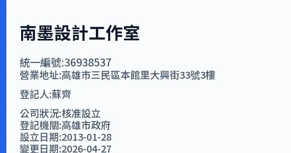 南墨設計工作室的照片-統編 36938537(高雄市) 公司登記資料與營業項目詳細圖表